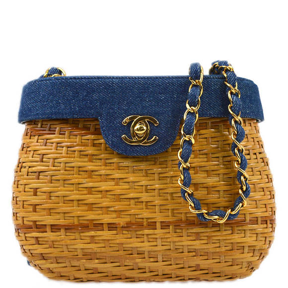 CHANEL | Bags | Chanel Beige Rattan Denim Basket Chain Shoulder Bag ...